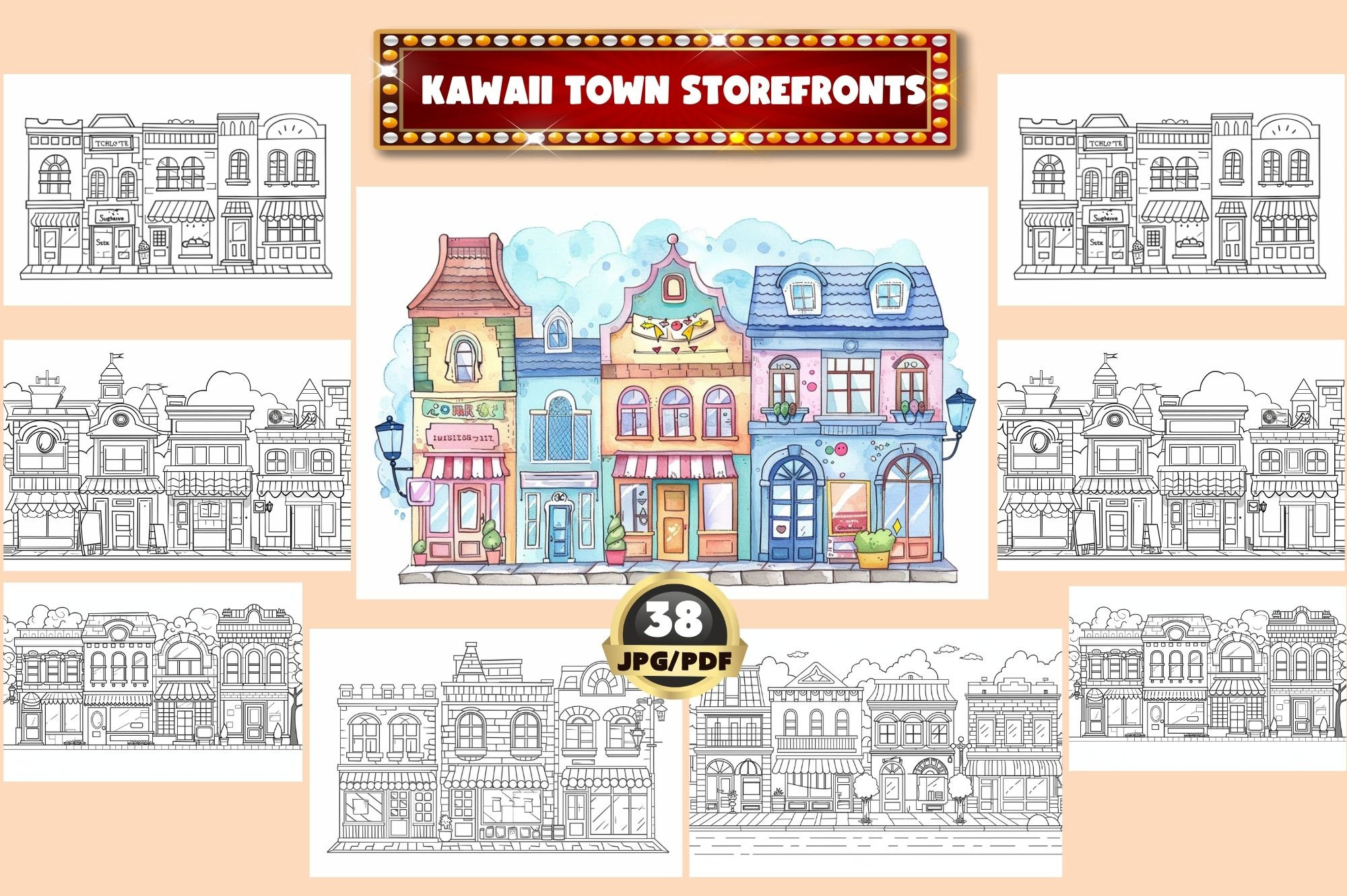 Kawaii Town Storefronts Coloring Book: Cartoon Shop Pages (printable ...