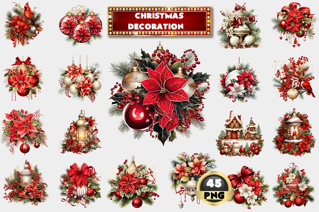 Floral Christmas Clipart: Red & White Watercolor PNG (digital Download ...