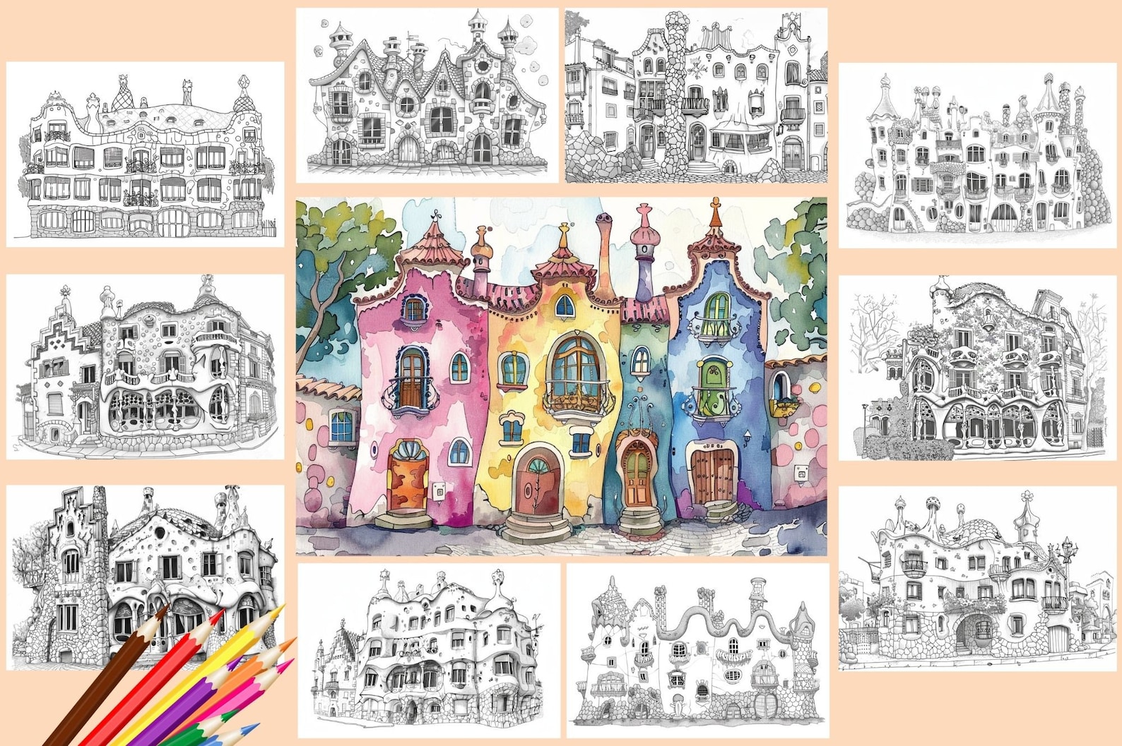 Cute Casa Batllo Barcelona Coloring Book, Digital Coloring Book, House ...