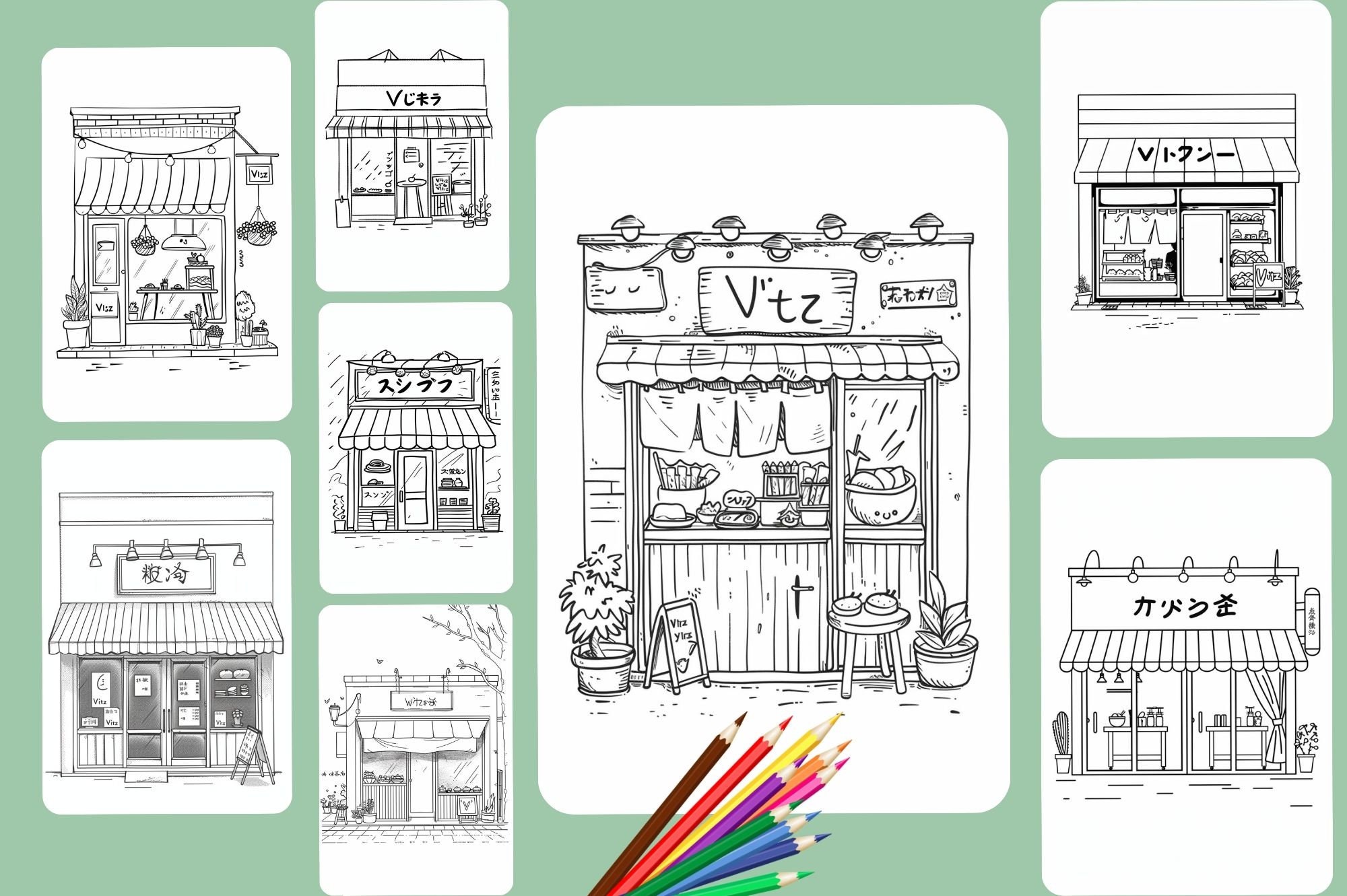 Japanese Storefronts Coloring Book: Grayscale Restaurant Designs ...