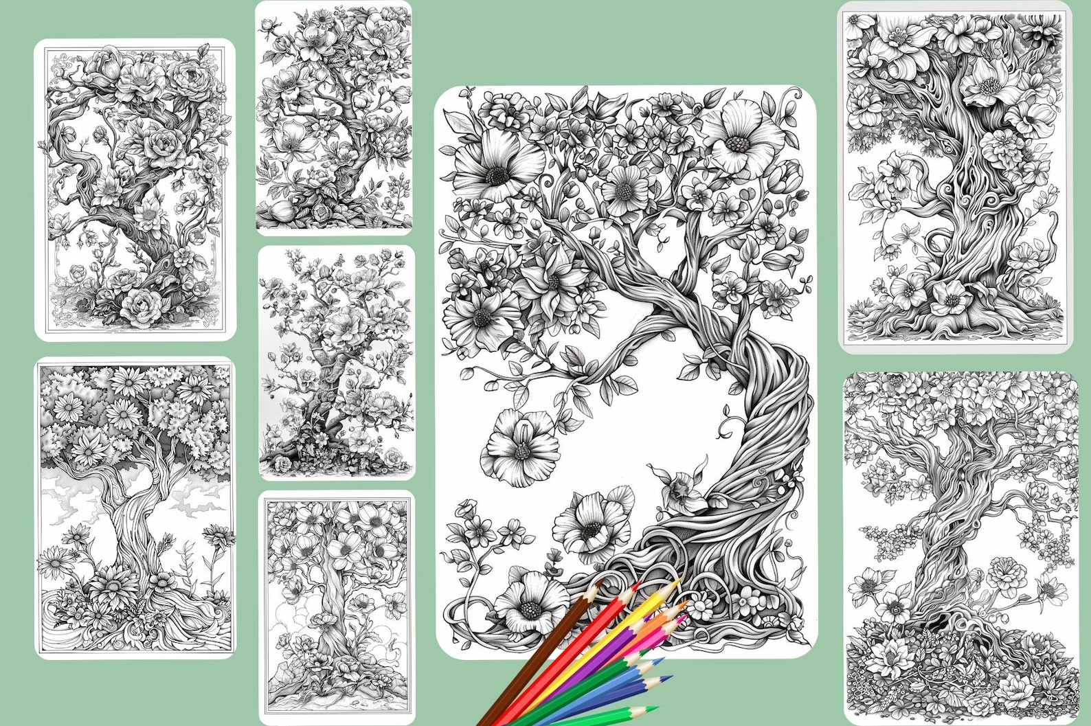 Blooming Tree of Life Coloring Book: Fantasy Floral Grayscale ...