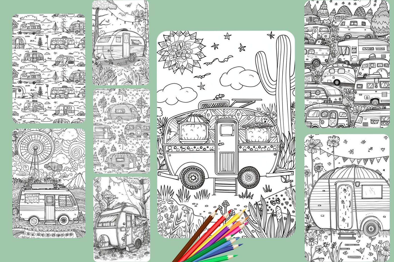 Vintage Caravans Doodle Coloring Book: Relaxing Grayscale (printable ...