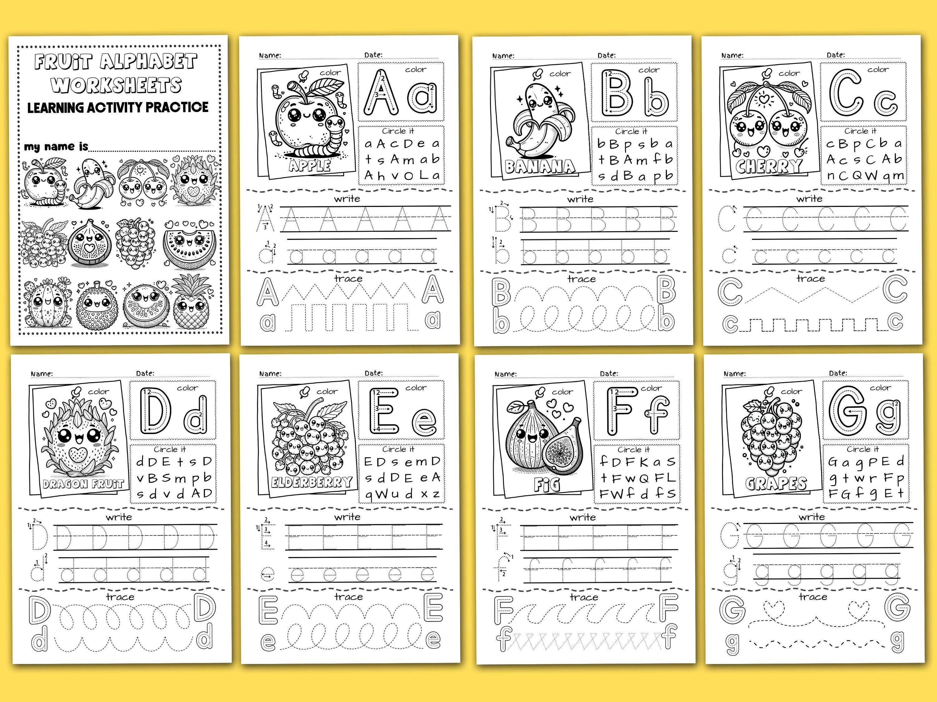 Fruit Alphabet Worksheets Coloring Book, Fun ABC Learning With Fruits ...