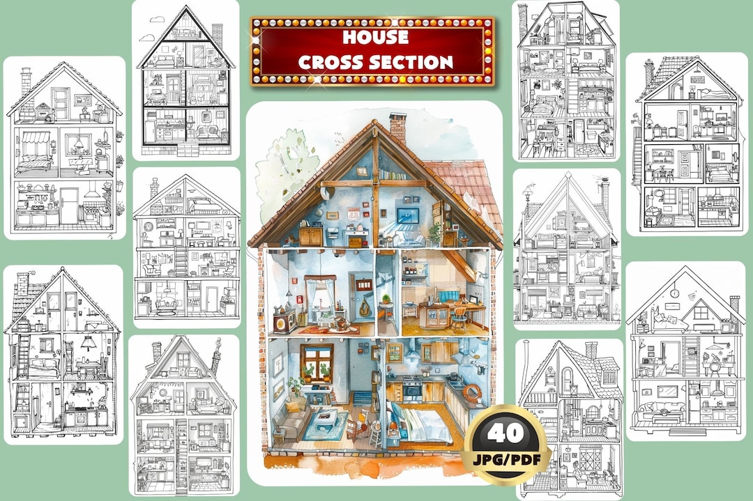 House Cross Section Coloring Book 2, House Interior Design Coloring ...
