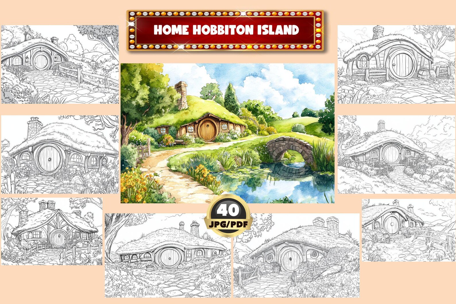Home Hobbiton Island Digital Coloring Book, Digital Coloring, Fantasy ...