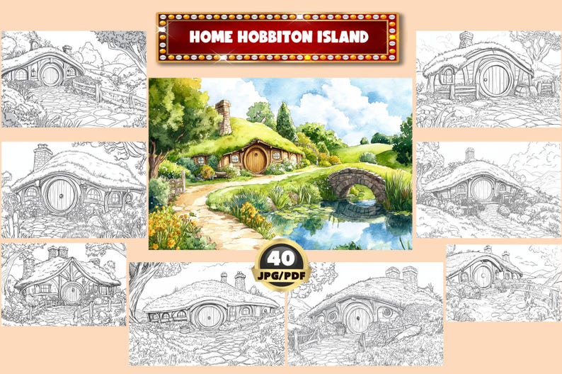 Home Hobbiton Island Digital Coloring Book, Digital Coloring, Fantasy ...