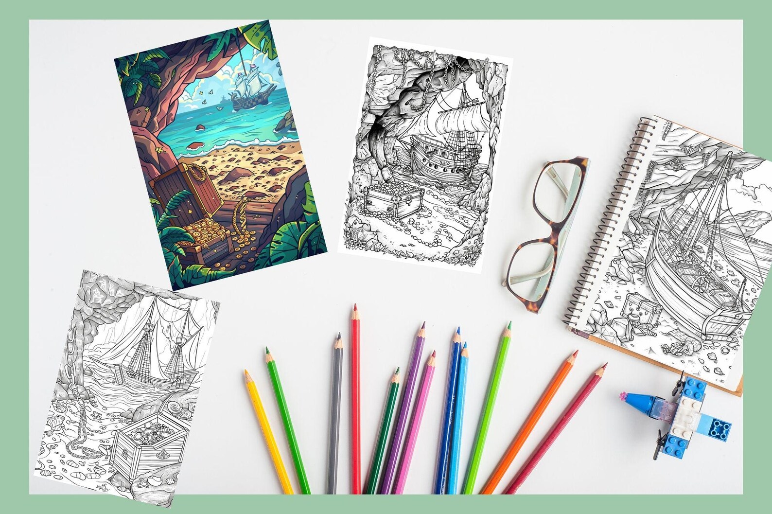 Treasure Hunting Pirate Ships Digital Coloring Book, Pirate Ships ...