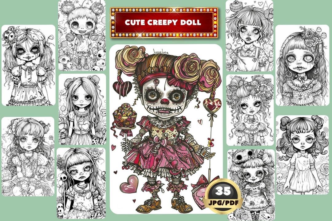 Cute Creepy Doll Coloring Book, Horror Little Doll Coloring, Halloween ...