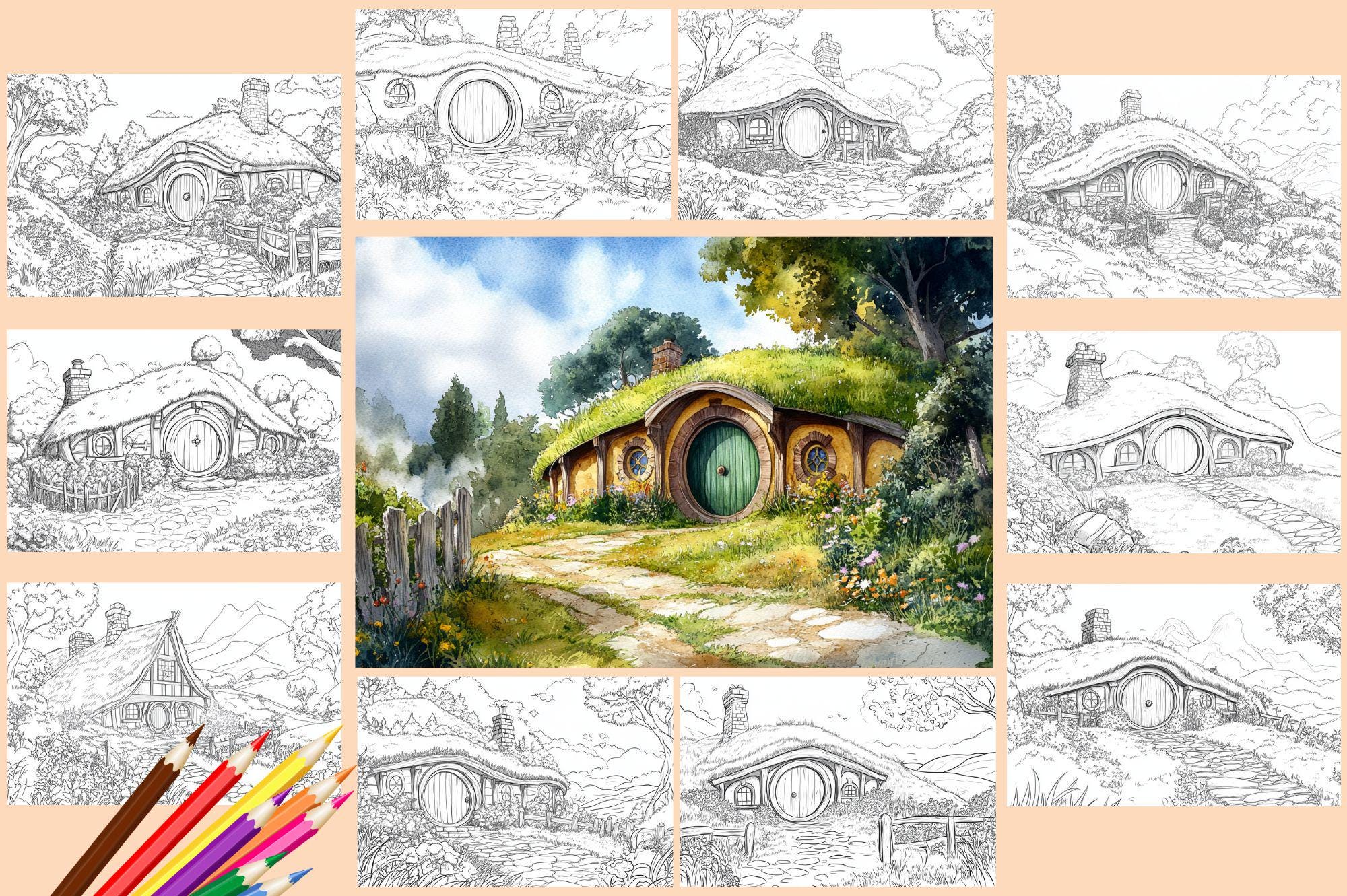 Home Hobbiton Island Digital Coloring Book, Digital Coloring, Fantasy ...