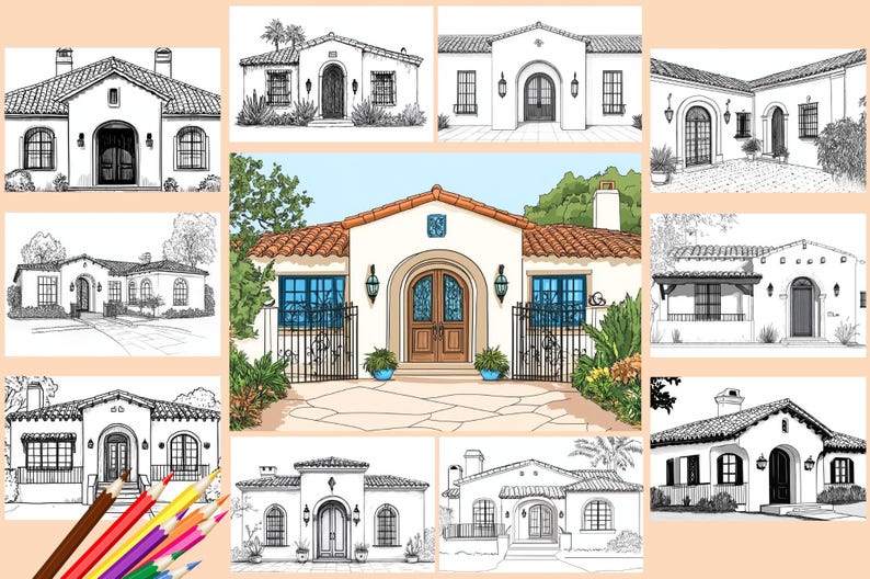 Spanish Colonial House Coloring Book: Relaxing Grayscale (printable PDF ...