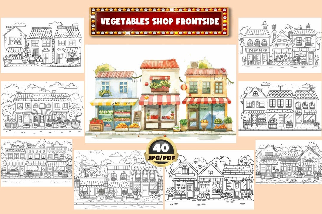 Vegetables Shop Frontside Coloring Book, Houses Coloring, Digital ...