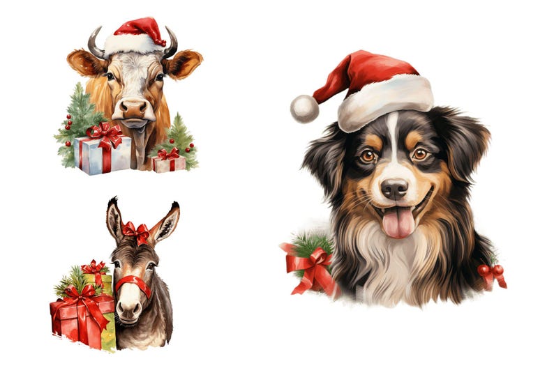 Vintage Christmas Farm Animals Clipart: Watercolor PNG (digital ...