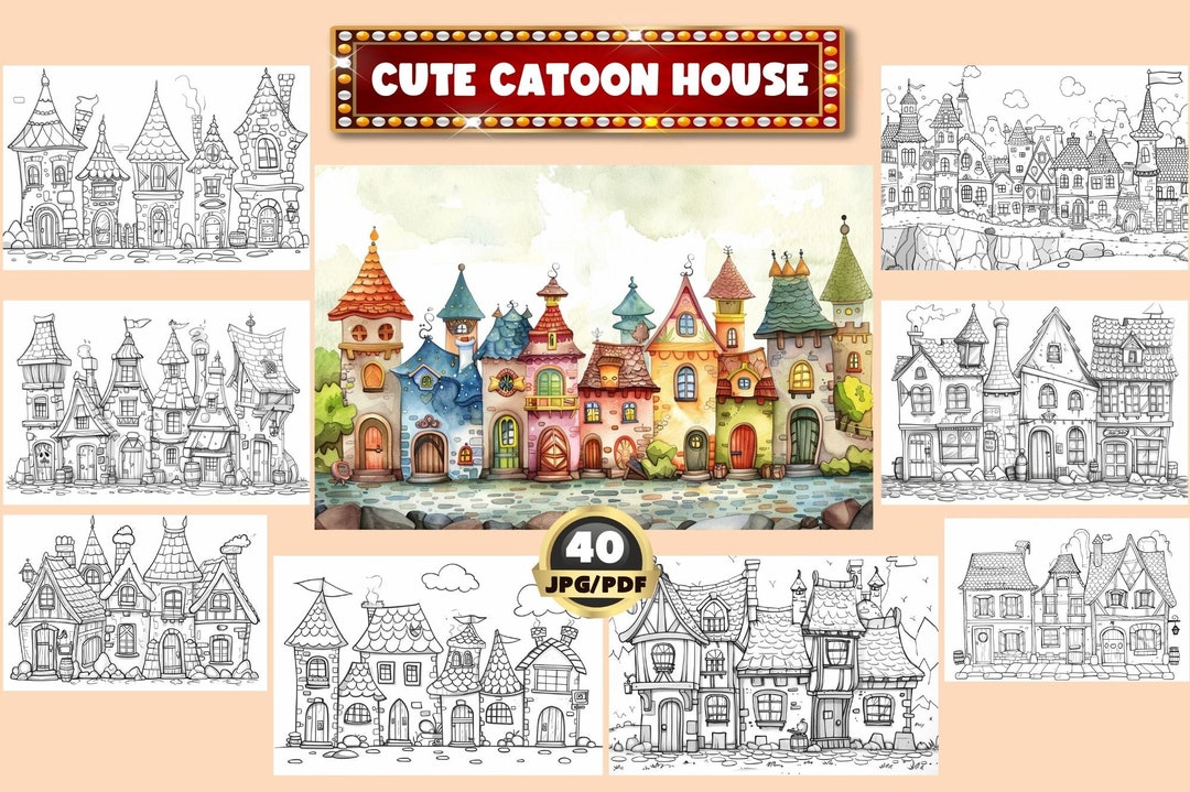 Cute Cartoon House Coloring Book, Printable Coloring Pages, Grayscale ...