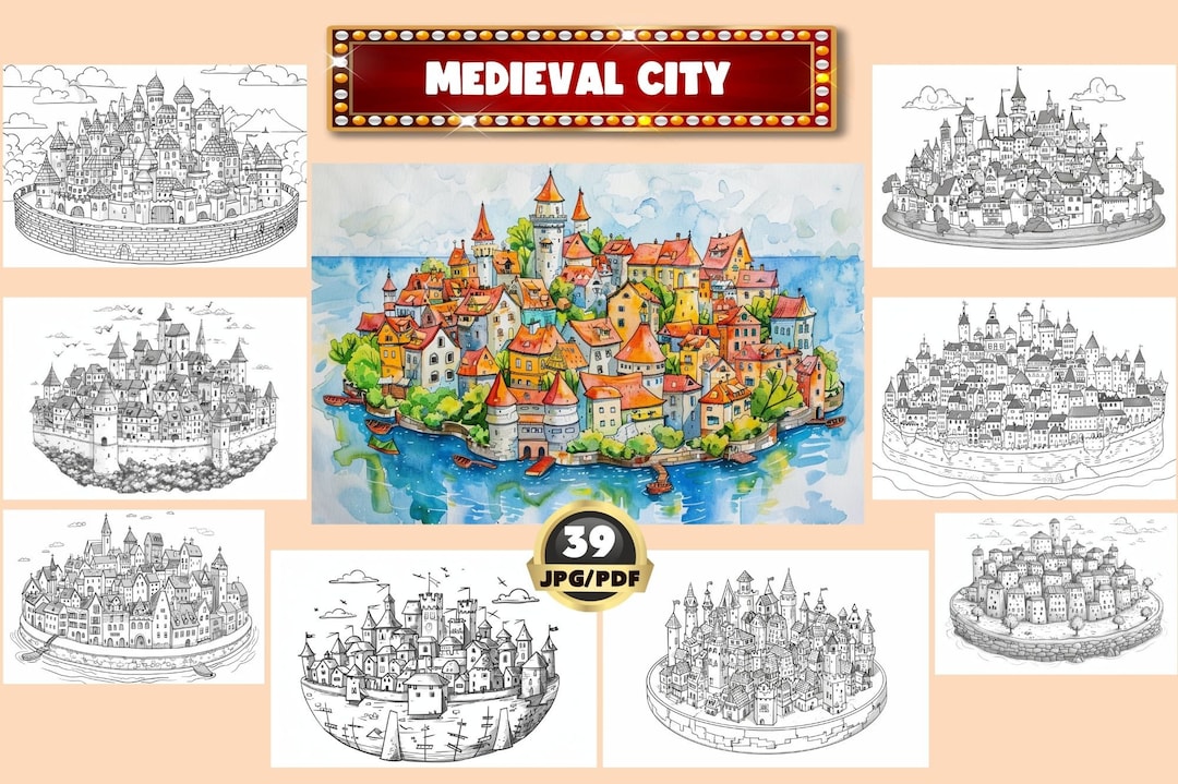 Medieval City Coloring Book, Building and Landscape Coloring, Grayscale ...