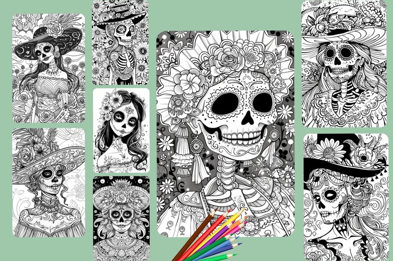 Dia De Los Muertos Digital Coloring Book, Halloween Coloring, Floral ...