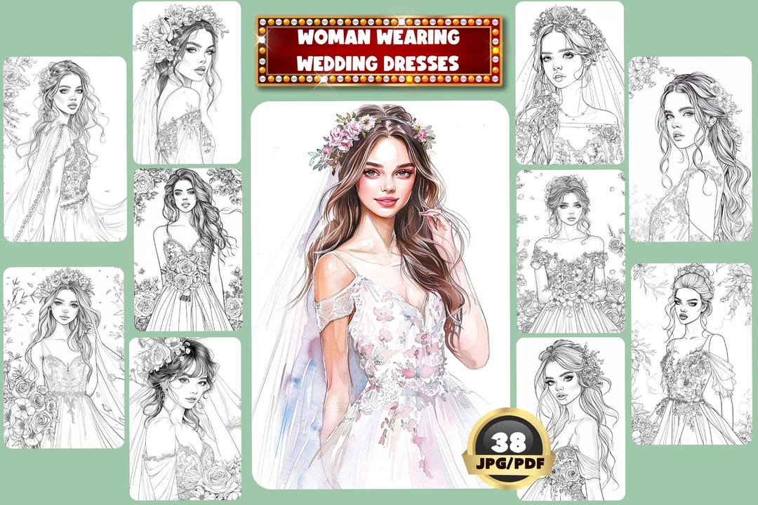 Woman Wearing Wedding Dresses Colorıng Book, Beautiful Bride Coloring ...