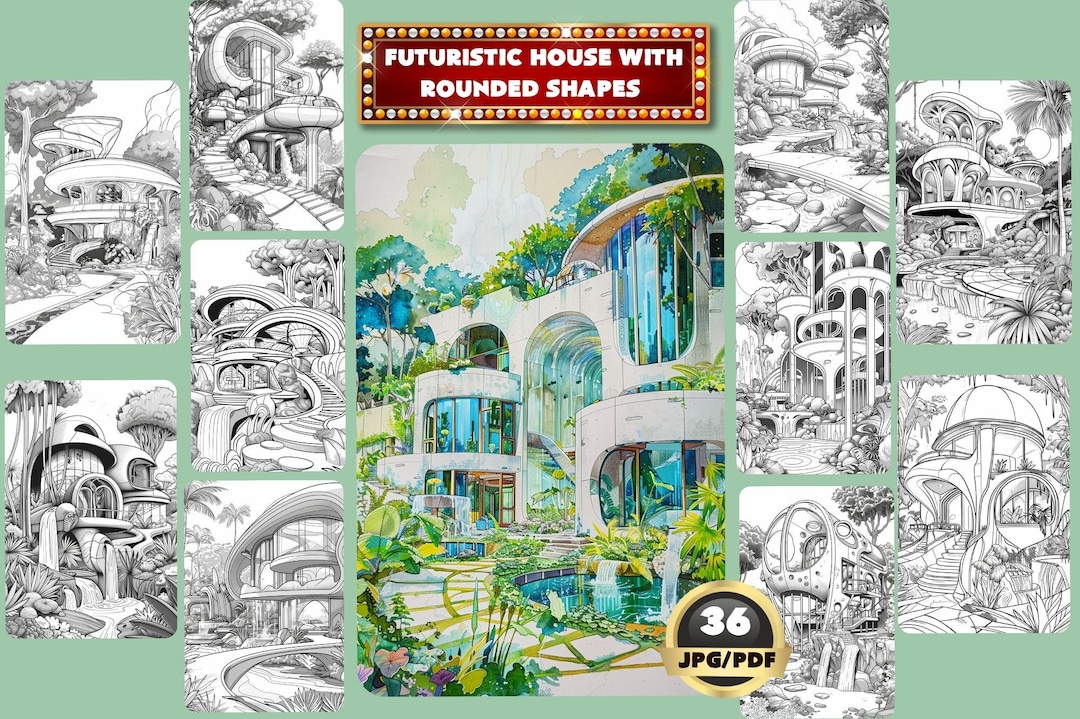 Futuristic House With Rounded Shapes Digital Coloring Book, Future Home ...