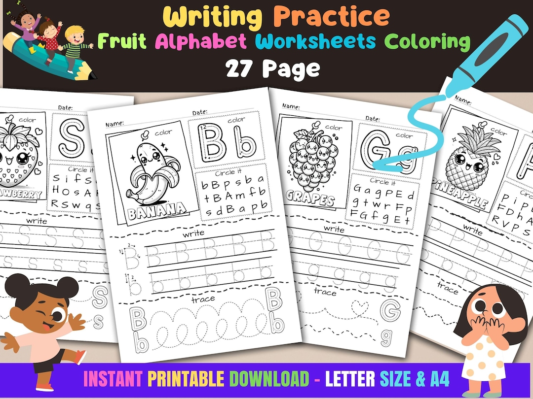 Fruit Alphabet Worksheets Coloring Book, Fun ABC Learning With Fruits ...