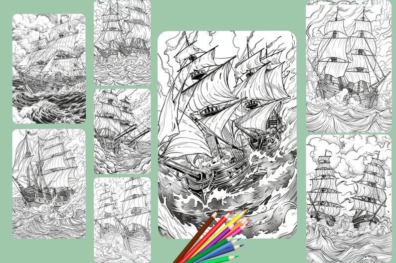 Battle of Pirate Ship Digital Coloring Book, the Shipwreck Coloring ...