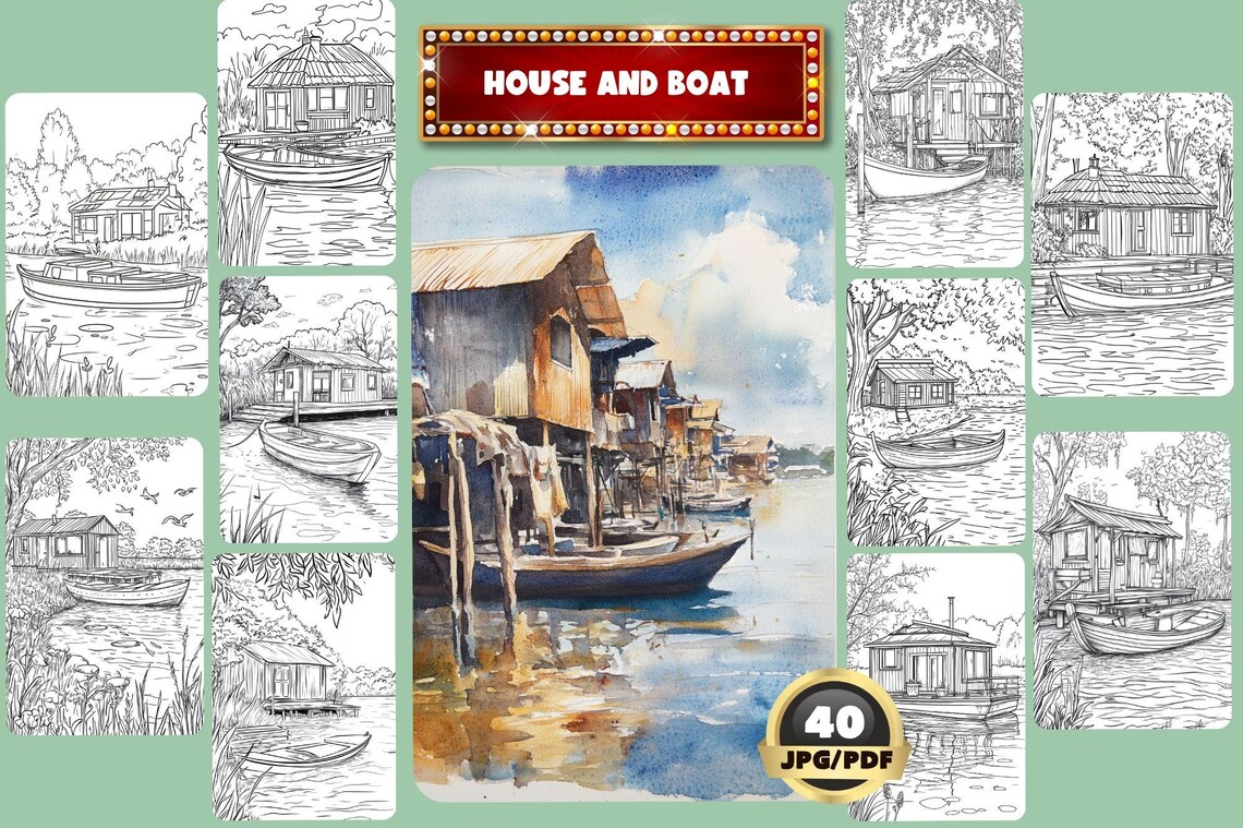 House and Boat Coloring Book, Digital Coloring, Lake House Coloring ...