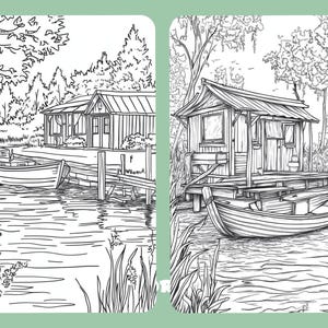 House and Boat Coloring Book, Digital Coloring, Lake House Coloring ...
