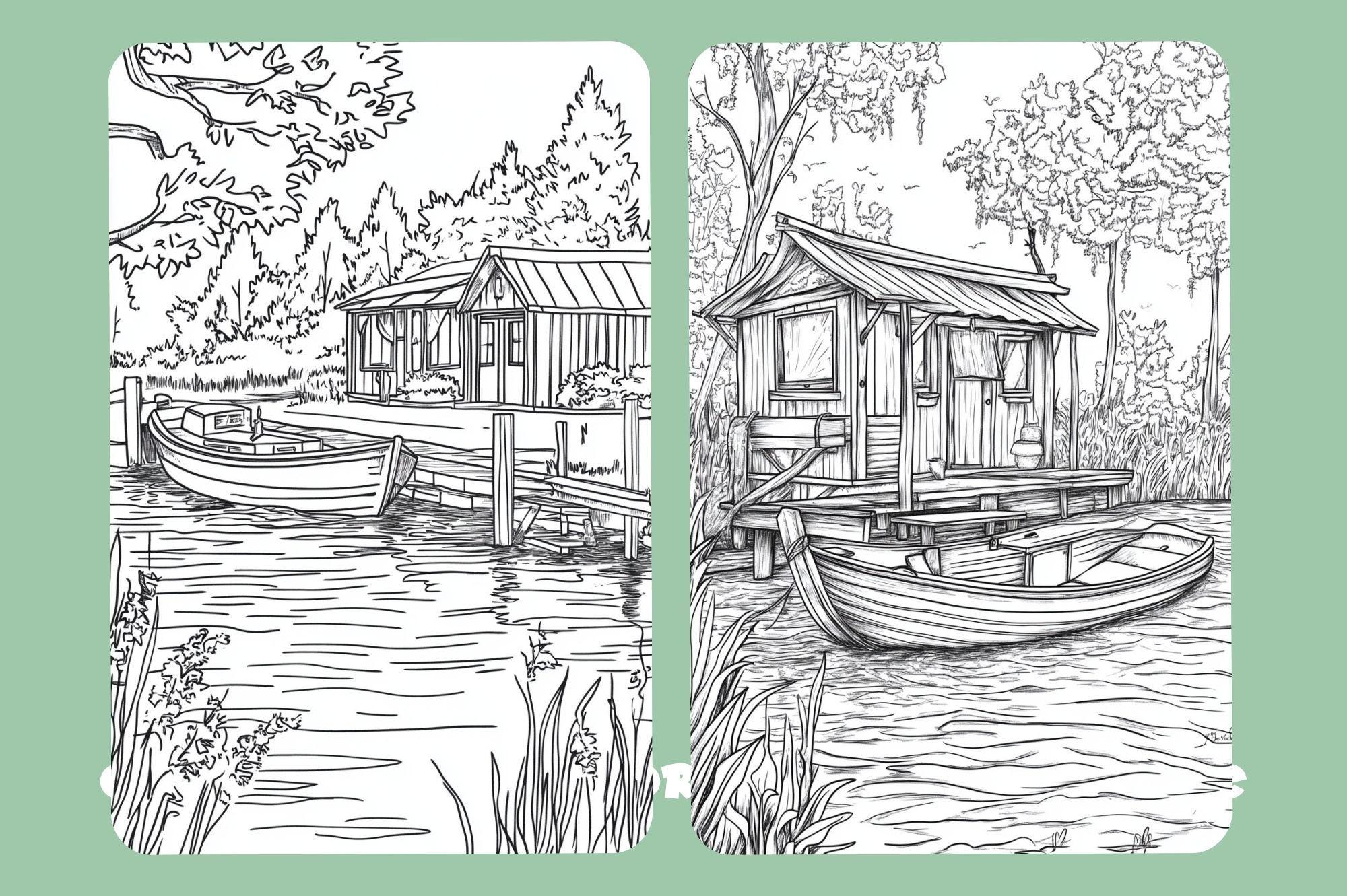 House and Boat Coloring Book, Digital Coloring, Lake House Coloring ...