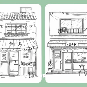 Japanese Storefronts Coloring Book: Grayscale Restaurant Designs ...