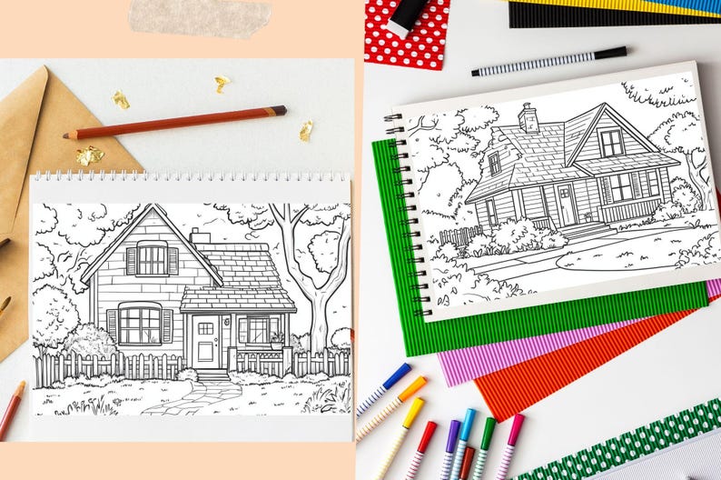 Beautiful House With Garden Digital Coloring Book, Single House With ...