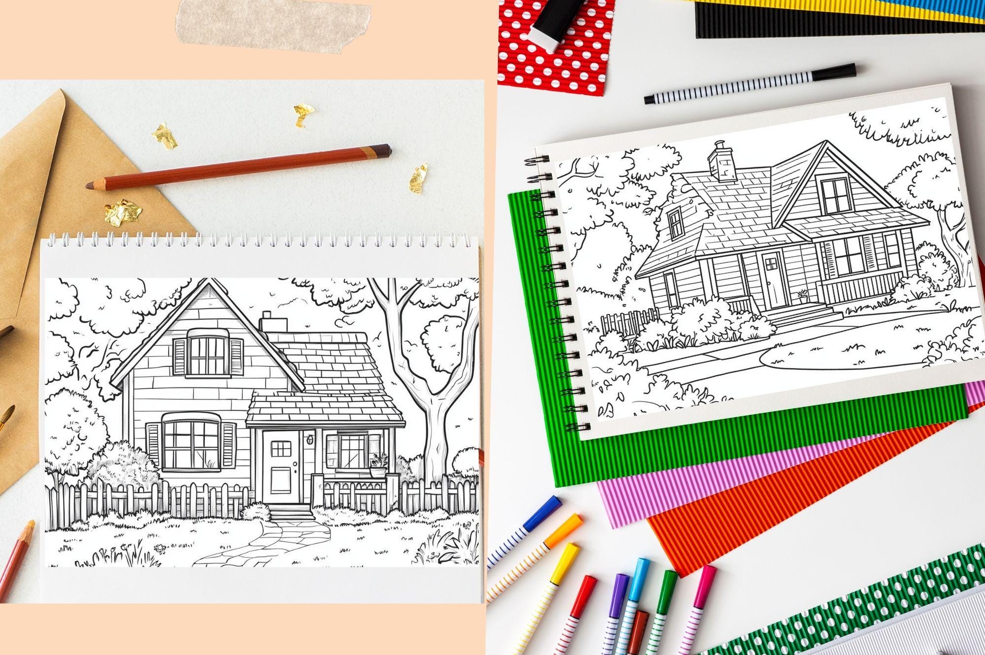 Beautiful House With Garden Digital Coloring Book, Single House With ...