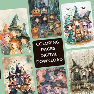 Kawaii Cute Witches Digital Coloring Book, Halloween Coloring, Relaxing ...