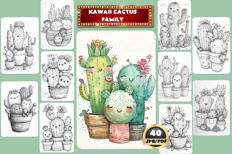 Kawaii Cactus Family Coloring Book: Relaxing Grayscale Doodle ...