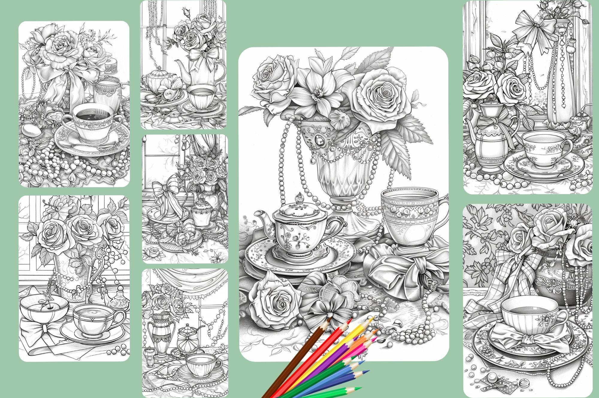 Victorian Style Tea Set With Roses Digital Coloring Book, Floral Tea ...
