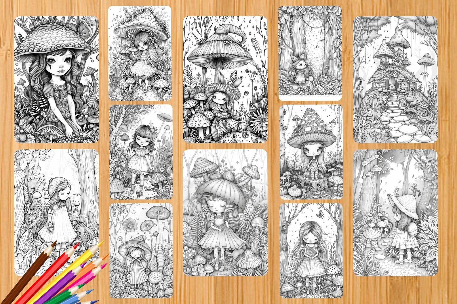 Cute Magic Forest Coloring Book Printable, Grayscale Coloring Digital ...