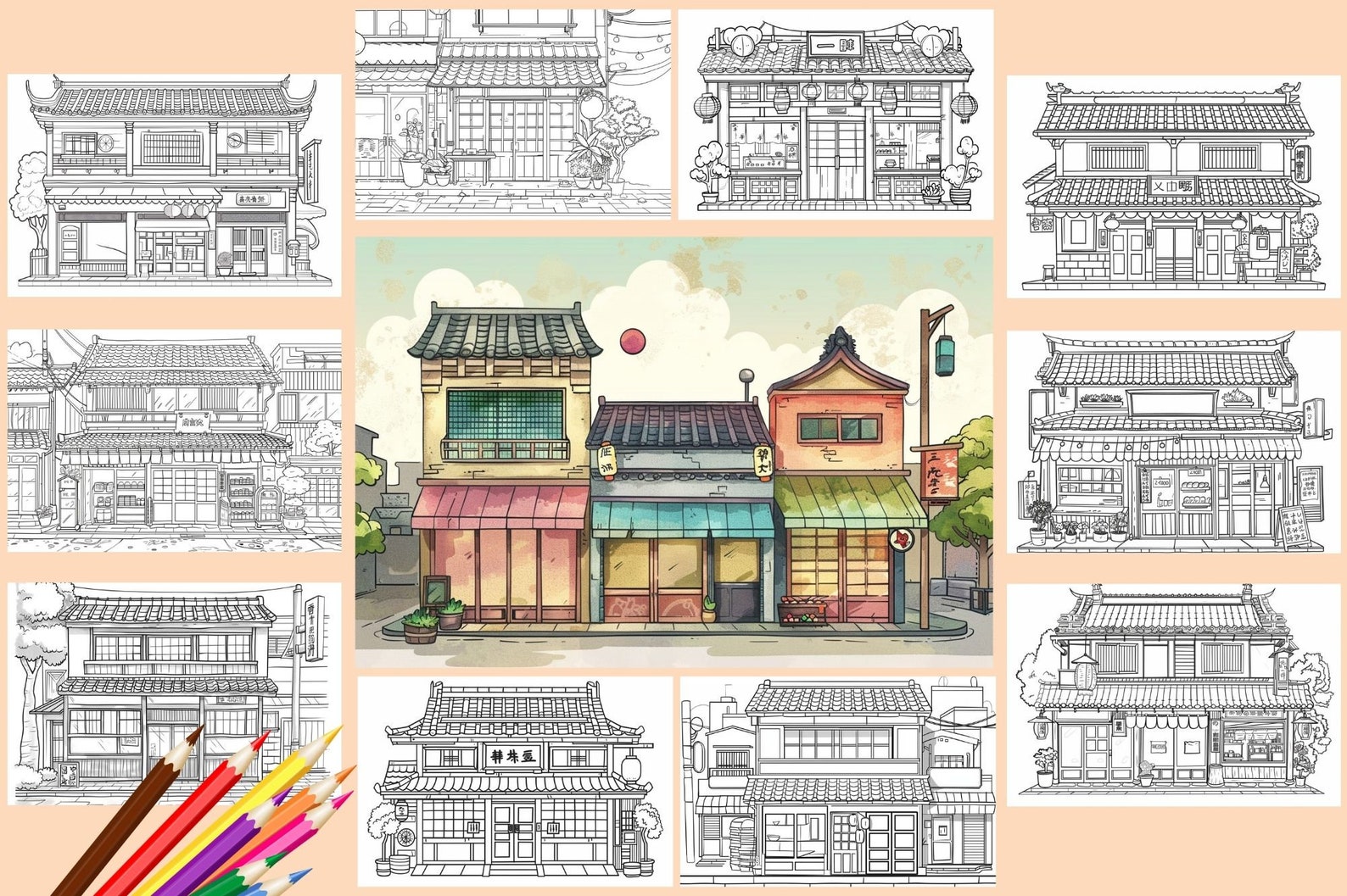 Japanese Restaurant Storefronts Coloring Book, Shop House Coloring ...