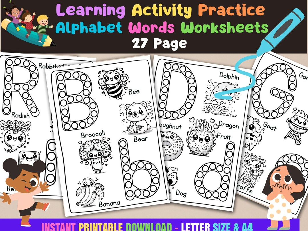 Alphabet Words Worksheets Coloring Book, Kids ABC Coloring Page, A-Z ...