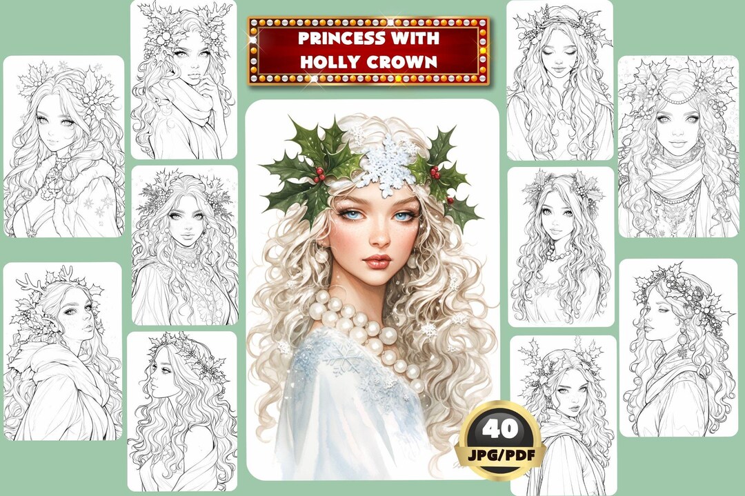 Princess With Holly Crown Coloring Book, Christmas Coloring, Chibi Girl ...