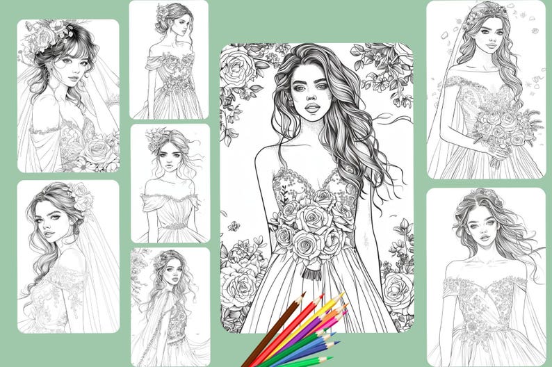 Woman Wearing Wedding Dresses Colorıng Book, Beautiful Bride Coloring ...