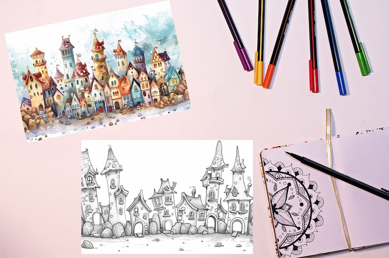 Fantasy City With Building Digital Coloring Book: House Architect ...