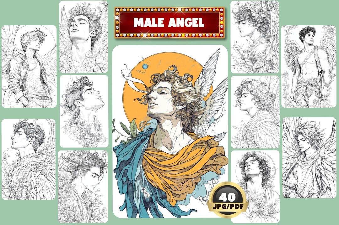 Handsome Male Angel Coloring Book: Relaxing Fantasy Art (printable PDF ...