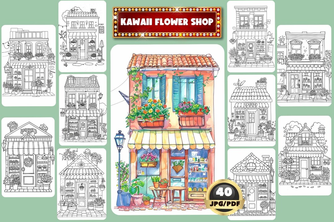 Kawaii Flower Shop Coloring Book: Grayscale Pages (printable PDF ...