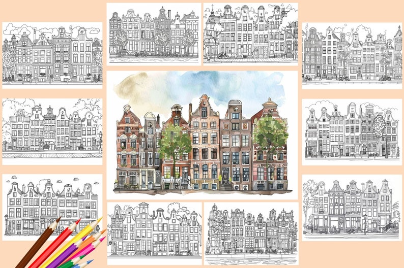 Houses in Amsterdam Coloring Book, Netherlands City, House Coloring ...
