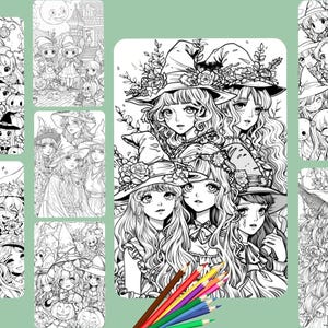 Kawaii Cute Witches Digital Coloring Book, Halloween Coloring, Relaxing ...
