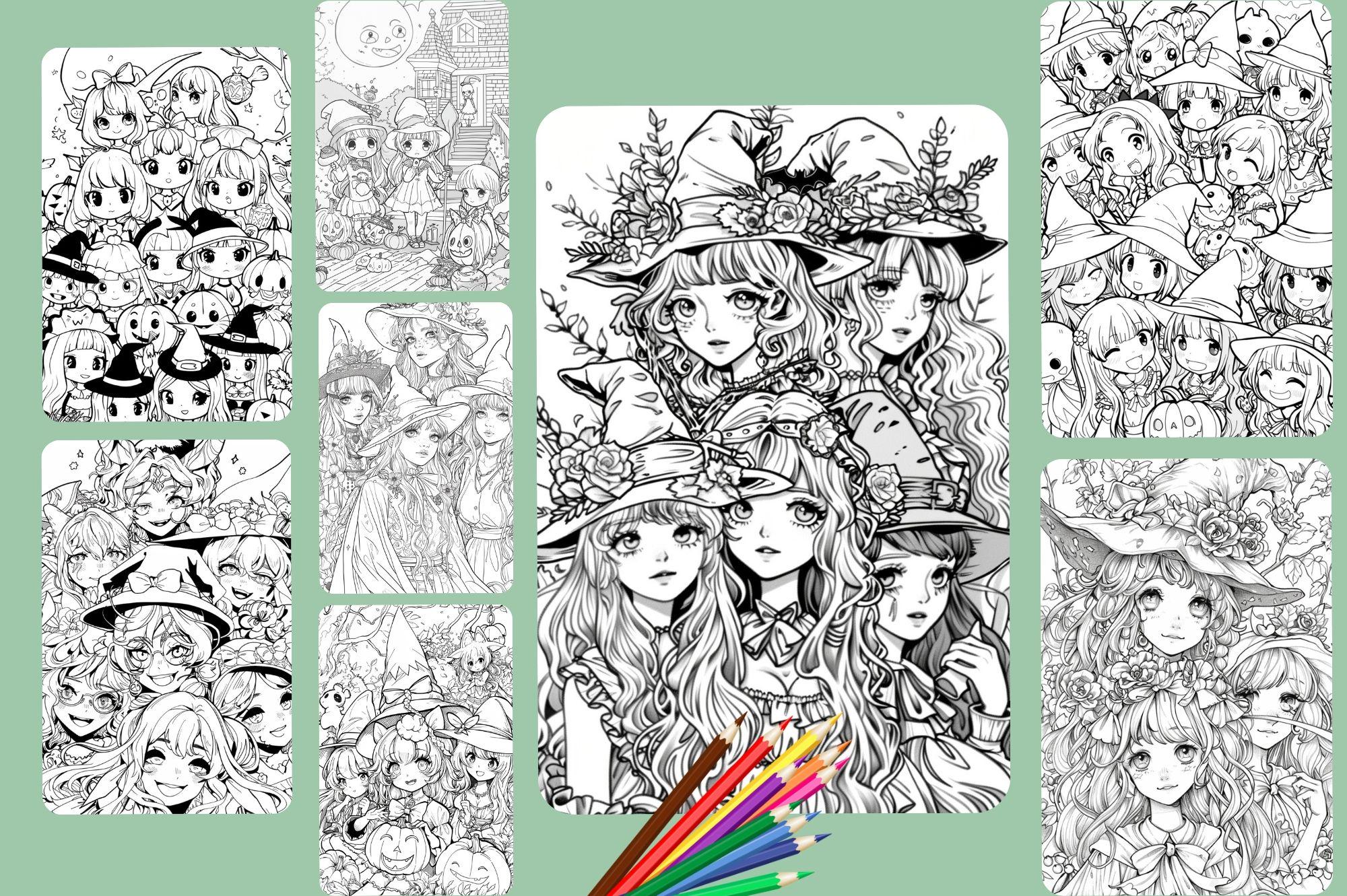 Kawaii Cute Witches Digital Coloring Book, Halloween Coloring, Relaxing ...