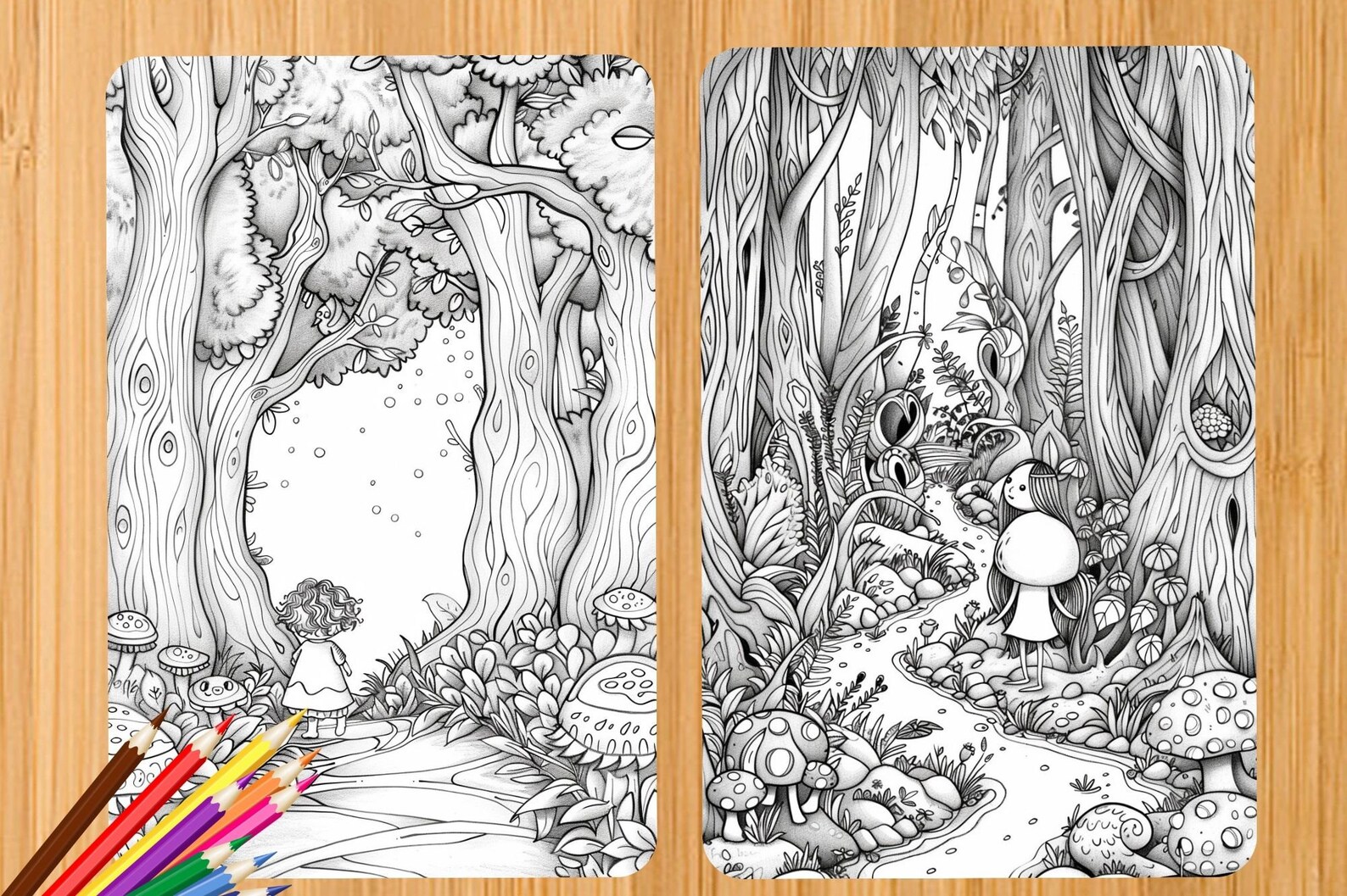 Cute Magic Forest Coloring Book Printable, Grayscale Coloring Digital ...