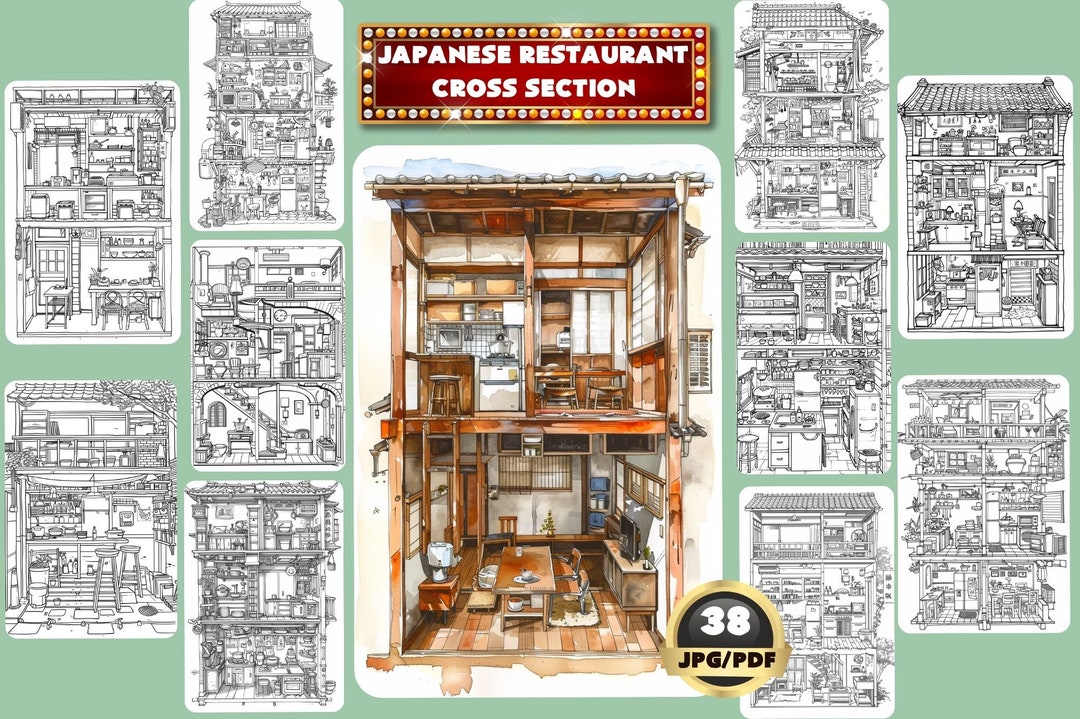 Japanese Restaurant Cross Section Coloring Book: Grayscale Interior ...