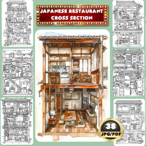 Japanese Restaurant Cross Section Coloring Book: Grayscale Interior ...