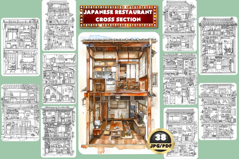 Japanese Restaurant Cross Section Coloring Book: Grayscale Interior ...