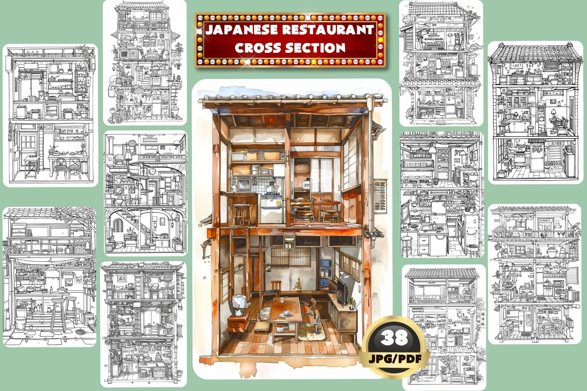 Japanese Restaurant Cross Section Coloring Book: Grayscale Interior ...