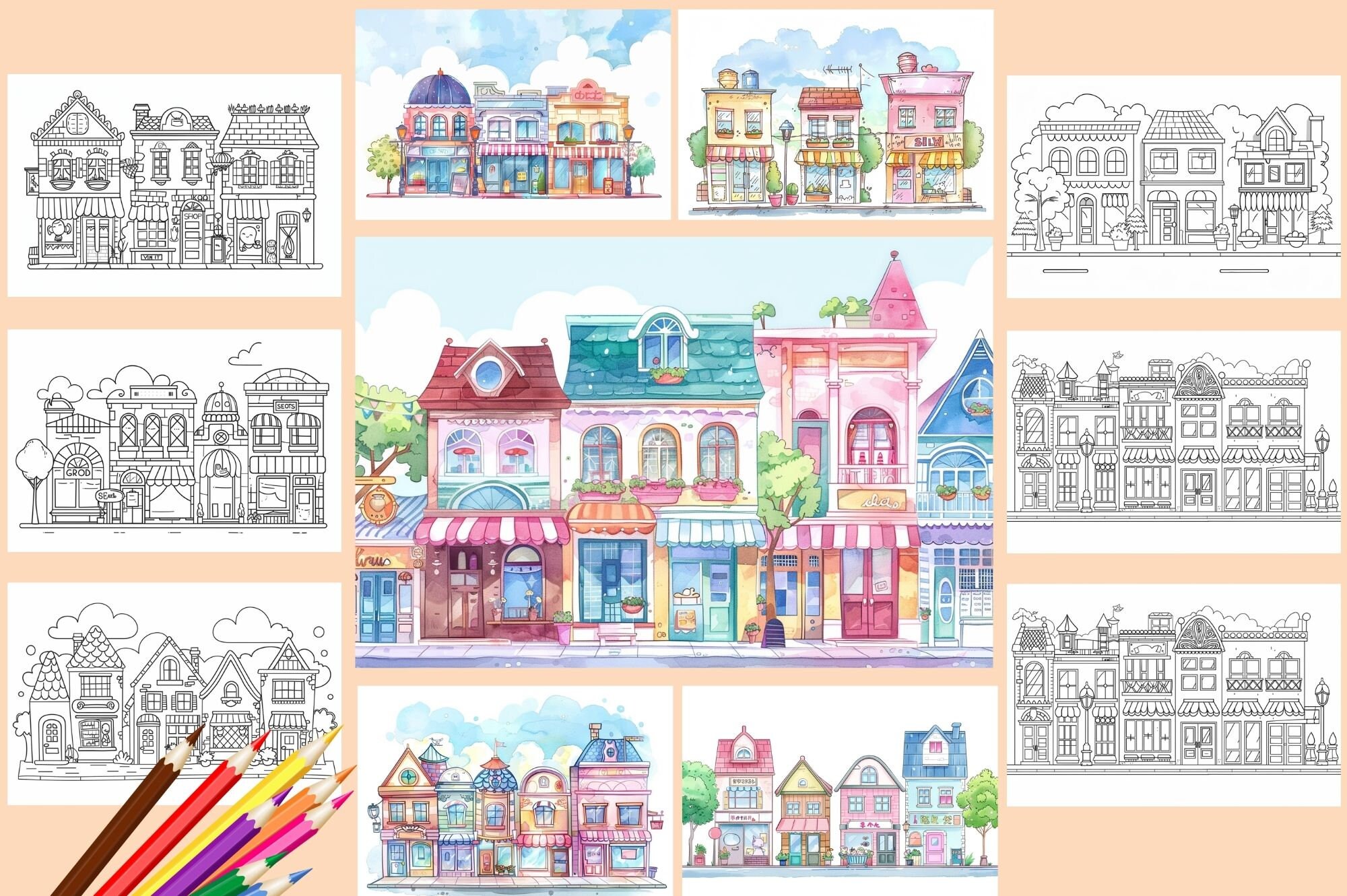 Kawaii Town Storefronts Coloring Book: Cartoon Shop Pages (printable ...