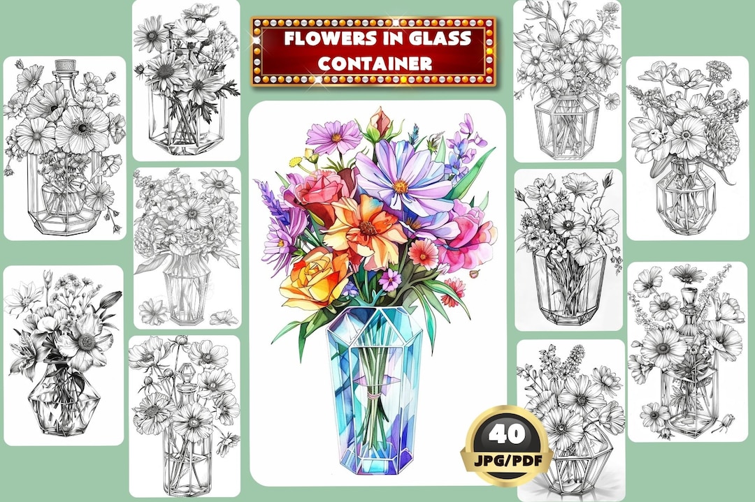 Floral Coloring Book: Flowers in Glass, Grayscale Art (printable PDF ...